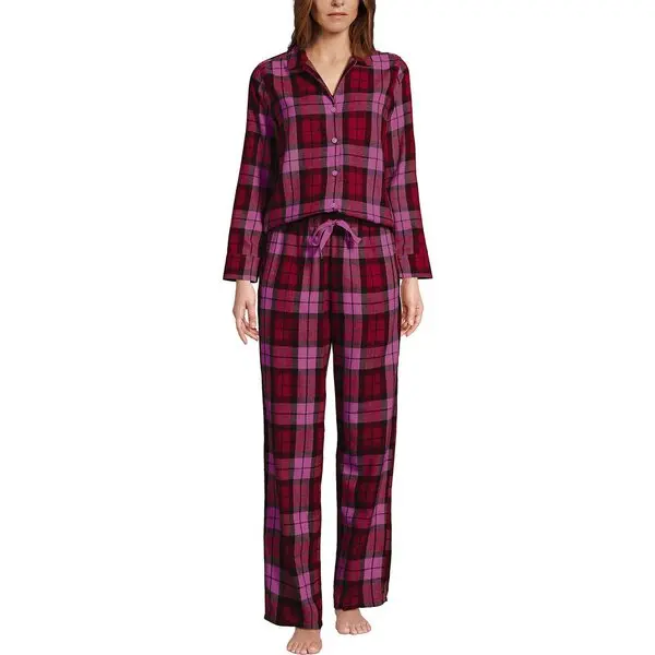 LANDS' END Flannel 2 Piece Pajama Setlong Sleeve Shirt And Pants - Vibrant Red/aurora Pink Plaid