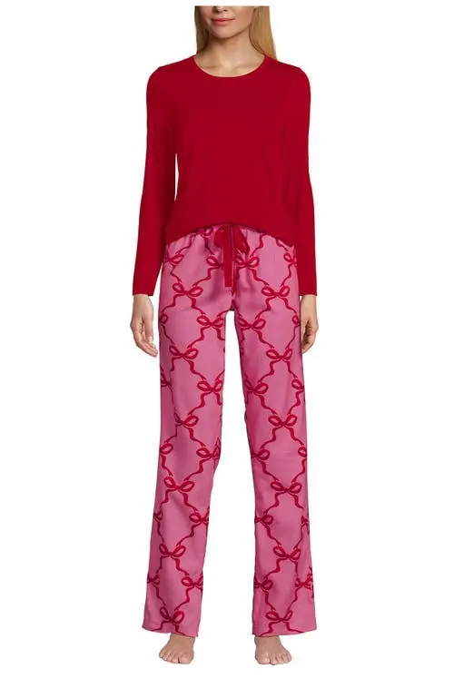 LANDS' END Pajama Set Knit Long Sleeve T-shirt And Flannel Pants - Aurora Pink/red Bows