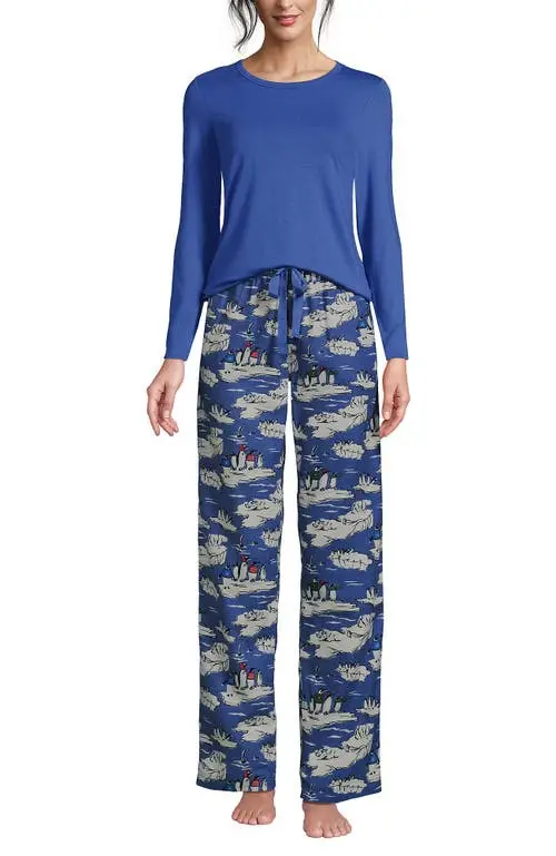 LANDS' END Pajama Set Knit Long Sleeve T-shirt And Flannel Pants - Cobalt Blue Holiday Penguins