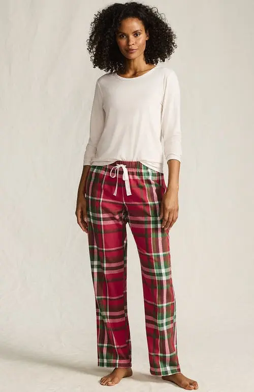 LANDS' END Pajama Set Knit Long Sleeve T-shirt And Flannel Pants - Compass Red/emerald Plaid