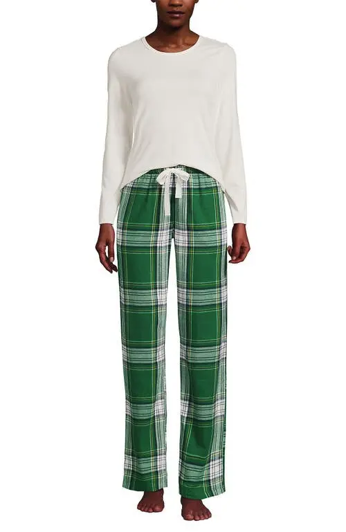 LANDS' END Pajama Set Knit Long Sleeve T-shirt And Flannel Pants - Light Emerald Plaid