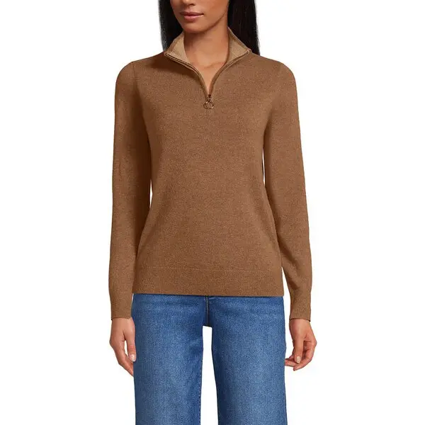 LANDS' END Cashmere Quarter-zip Sweater - Fresh Nutmeg Heather/camel Pop