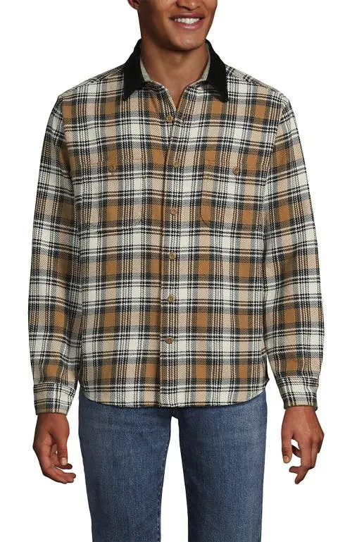 LANDS' END Authentic Flannel Shirt With Corduroy Collar - Butter Brown/ivory Latte Plaid