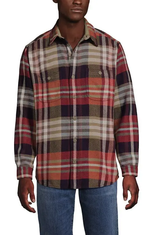 LANDS' END Authentic Flannel Shirt With Corduroy Collar - Rich Plum Multi Plaid