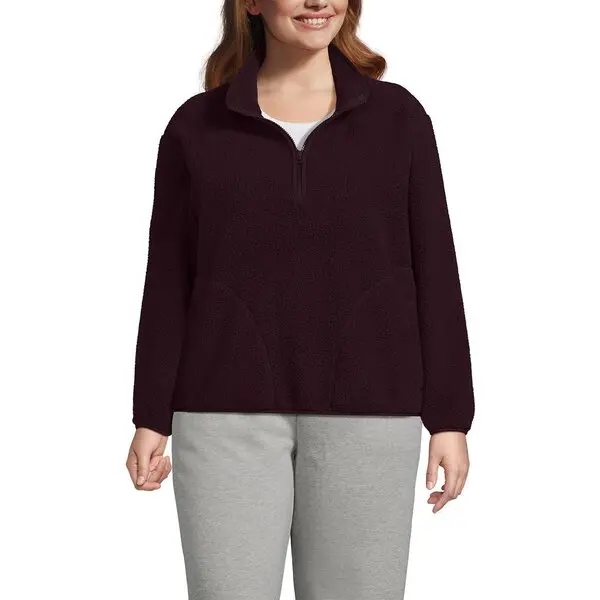 LANDS' END Print Half Zip Cozy High Pile Fleece Pullover - Lush Burgundy