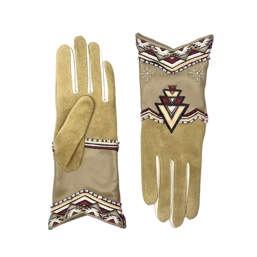 AGNELLE Catoria Leather Gloves With Southwest Motif - Beige