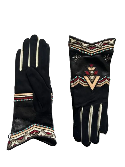AGNELLE Catoria Leather Gloves With Southwest Motif - Black/multicolor