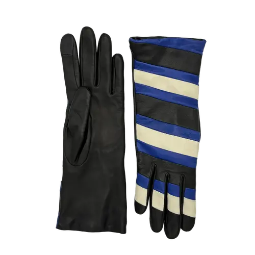 AGNELLE Alexine Mid-length Striped Leather Gloves - Black Multicolor