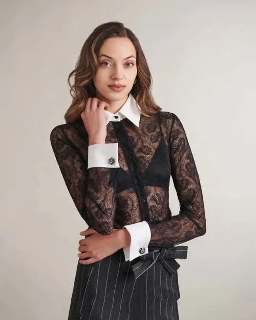 Anne Fontaine Yvonna Long Sleeve Embroidered Lace Shirt