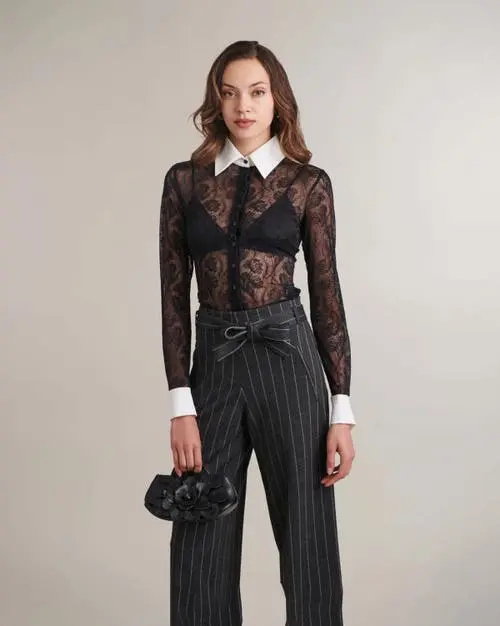 Anne Fontaine Yvonna Long Sleeve Embroidered Lace Shirt