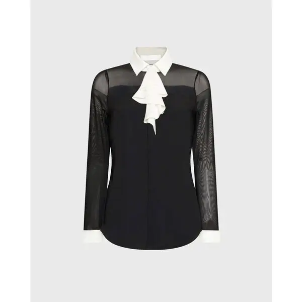 Anne Fontaine Long Sleeve Shirt With Mesh Sleeves And Ruffle Detail