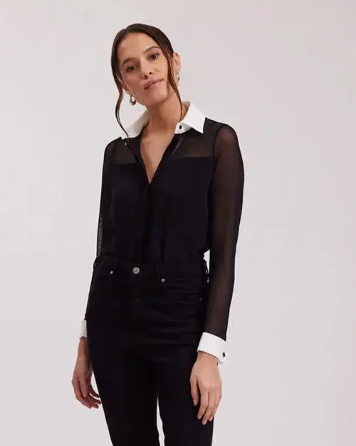 Anne Fontaine Long Sleeve Shirt With Mesh Sleeves And Ruffle Detail