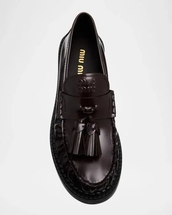 Miu Miu Spazzolato Leather Tassel Loafers - Moro