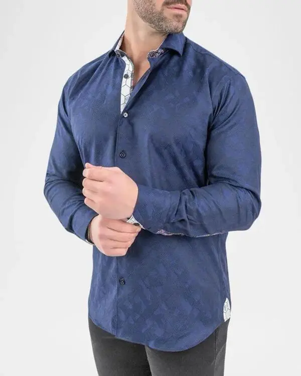 MACEOO Apos;s Einstein Jacquard Contrast-trim Sport Shirt - Blue