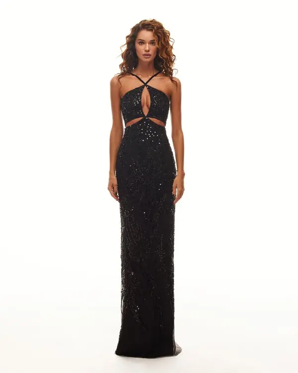 MILLA Cut-out Halterneck Sequin Maxi Gown