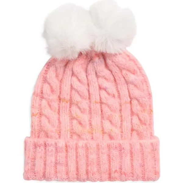 RUBY & RY Braided Beanie With Pompoms - Coral Multi