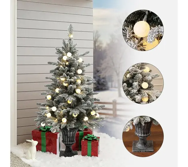 LUXEN HOME Luxenhome 4ft Pre-lit Snow-flocked Artificial X Mas Tree Potted - One-color