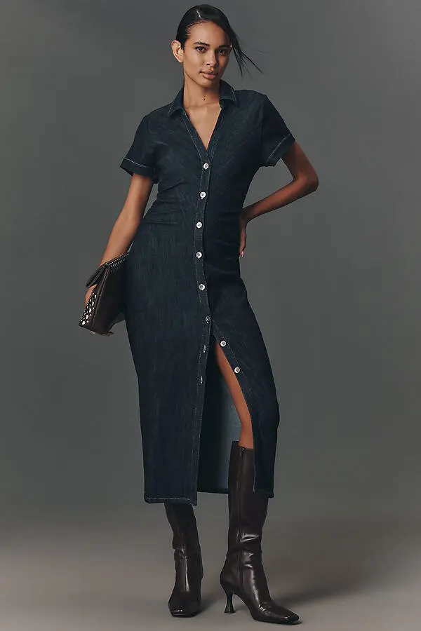 PILCRO The Greer Denim Midi Shirt Dress - Midnight Wash