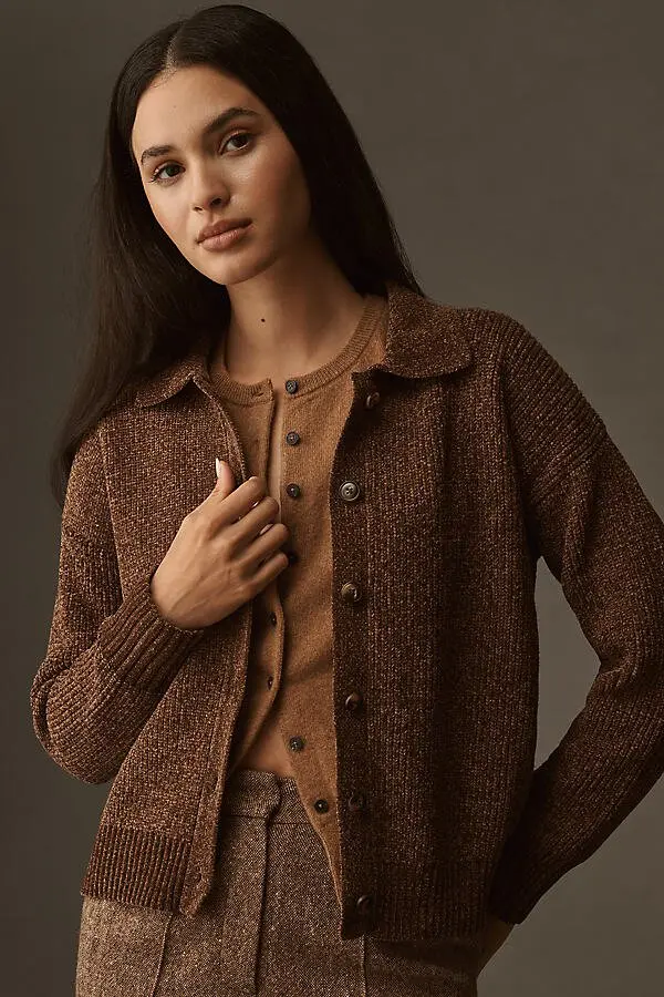 Central Park West Chenille Cardigan Sweater - Chocolate