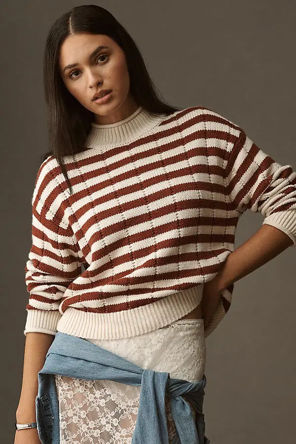 Rails Corrine Mock-neck Pointelle Striped Sweater - Ivory Stripe