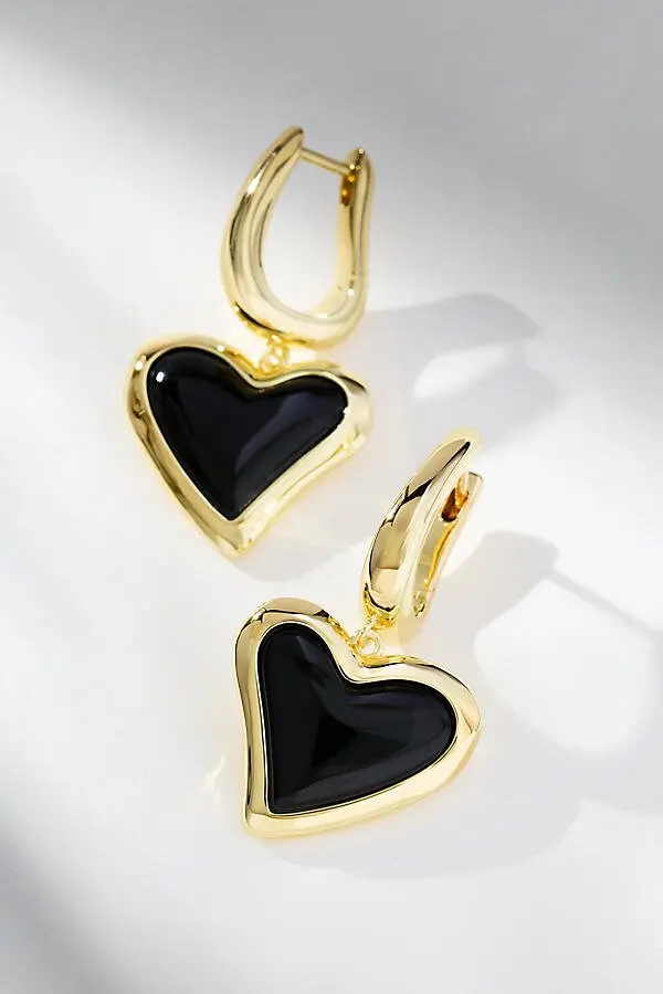 F+H STUDIOS Whitney Heart Charm Earrings - Gold/onyx