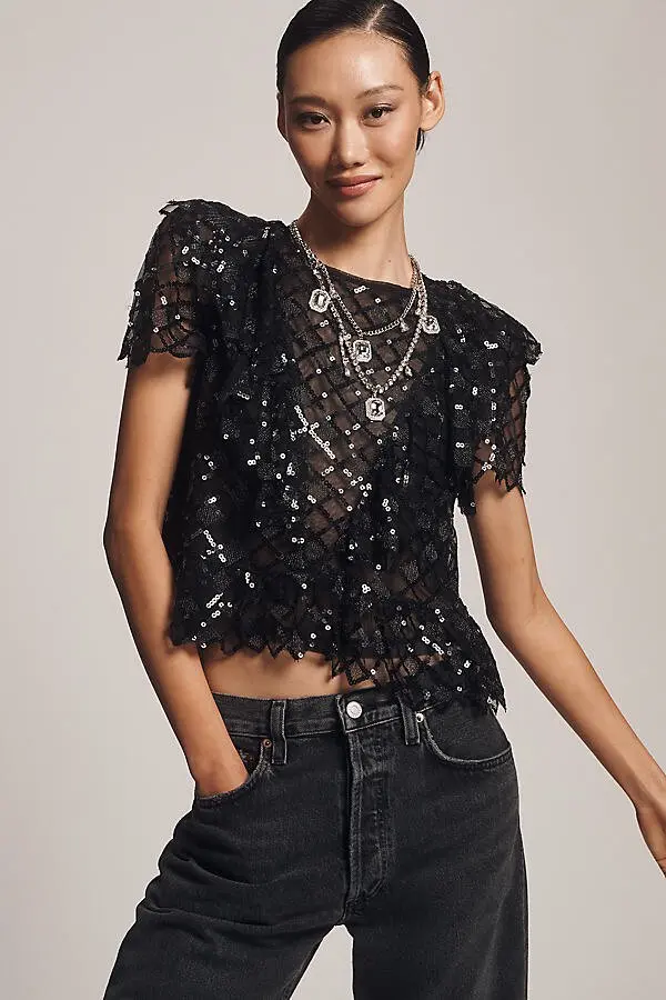 Anthropologie Semi-sheer Sequin Embellished Top