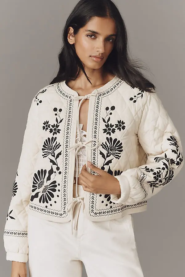 MABLE Embroidered Tie-front Quilted Jacket - Ivory & Black
