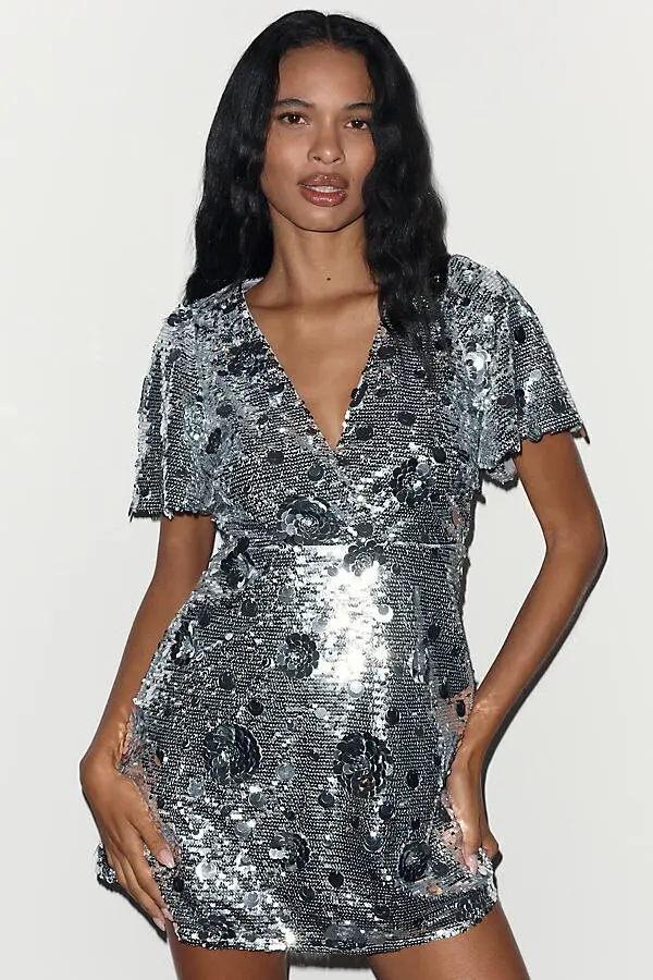 AROSE STUDIO Short-sleeve Sequin Mini Dress