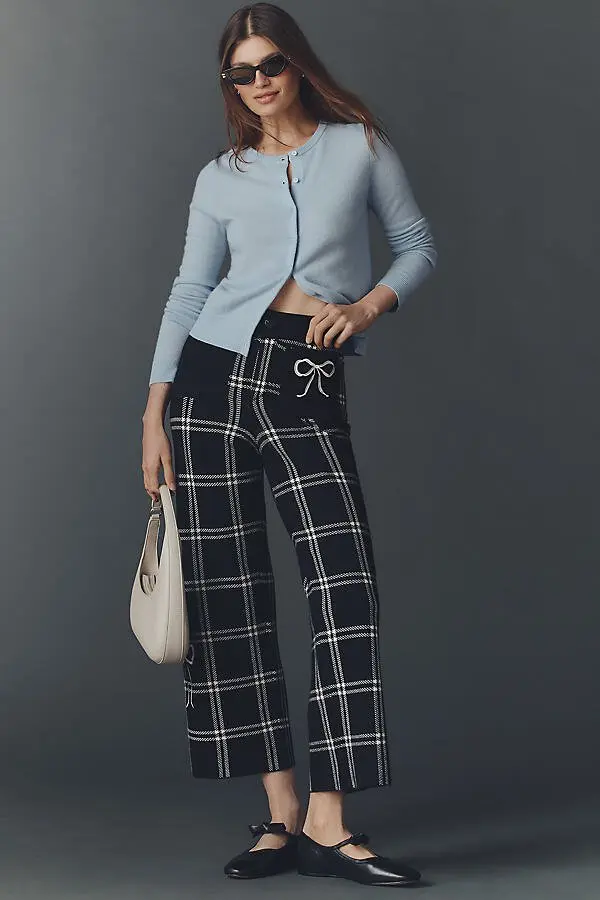 Maeve Colette Embroidered Plaid Wide-leg Pants