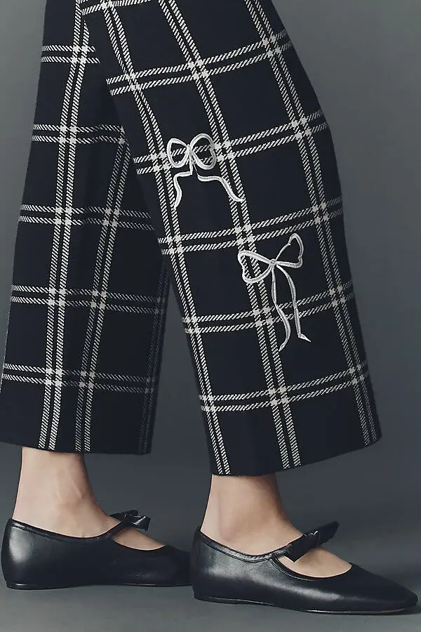Maeve Colette Embroidered Plaid Wide-leg Pants