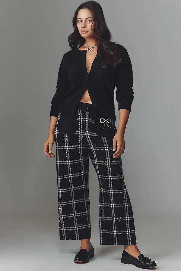 Maeve Colette Embroidered Plaid Wide-leg Pants