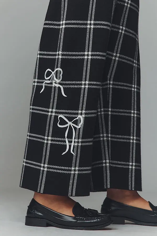 Maeve Colette Embroidered Plaid Wide-leg Pants