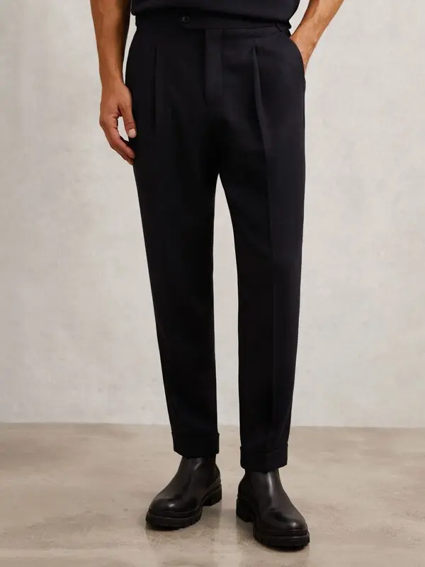 REISS Wool-blend Tailored-fit Cuffed Trousers - Navy