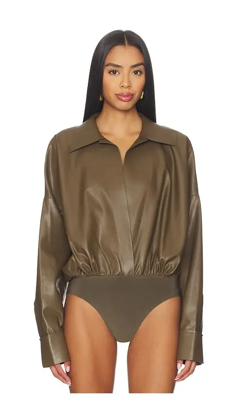 Norma Kamali Super Oversized Boyfriend Shirt Bodysuit - Bark