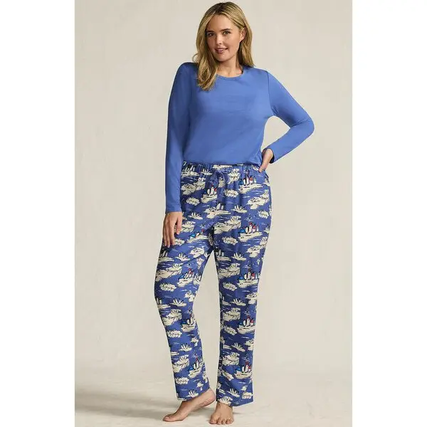 LANDS' END Pajama Set Knit Long Sleeve T-shirt And Flannel Pants - Cobalt Blue Holiday Penguins