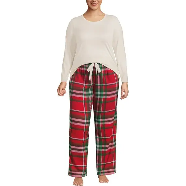 LANDS' END Pajama Set Knit Long Sleeve T-shirt And Flannel Pants - Compass Red/emerald Plaid
