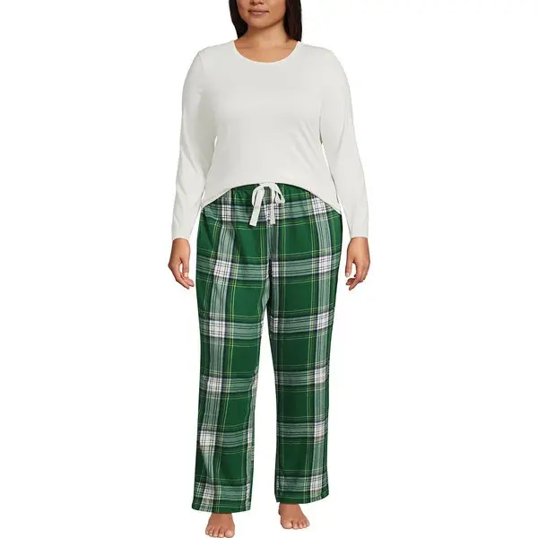 LANDS' END Pajama Set Knit Long Sleeve T-shirt And Flannel Pants - Light Emerald Plaid