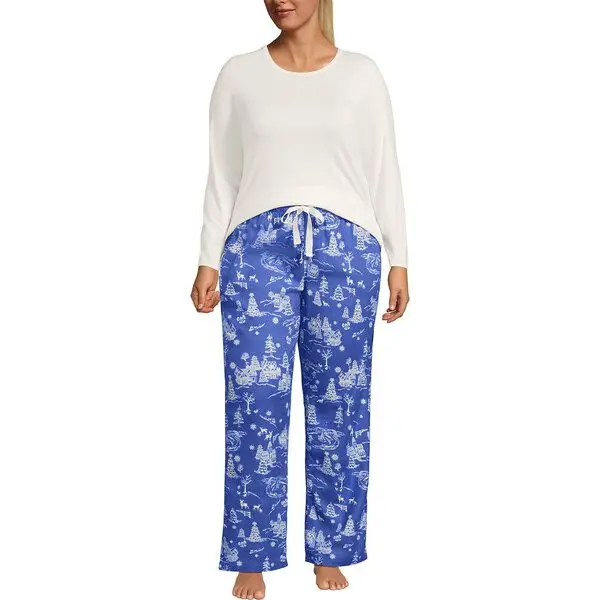 LANDS' END Pajama Set Knit Long Sleeve T-shirt And Flannel Pants - Muted Cobalt Winter Village