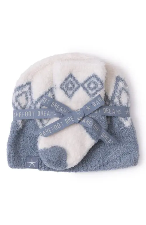Barefoot Dreams Cozychic Lite Fair Isle Beanie & Socks Set - Blue Dusk-cream