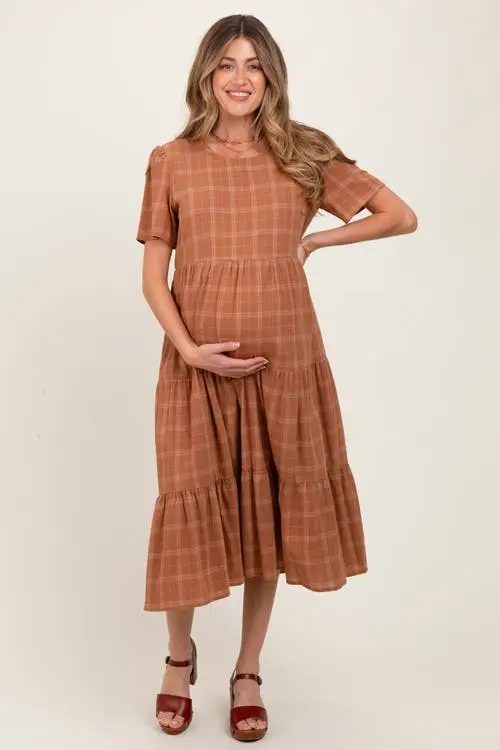 PINKBLUSH Plaid Tiered Short Sleeve Midi Dress - Rust