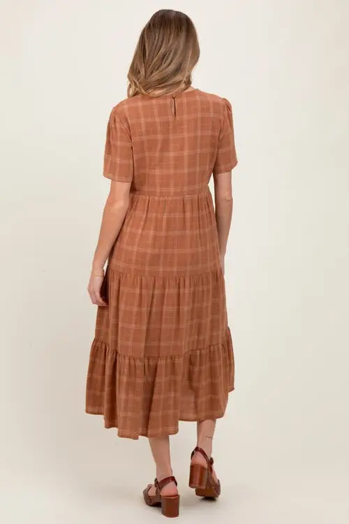 PINKBLUSH Plaid Tiered Short Sleeve Midi Dress - Rust