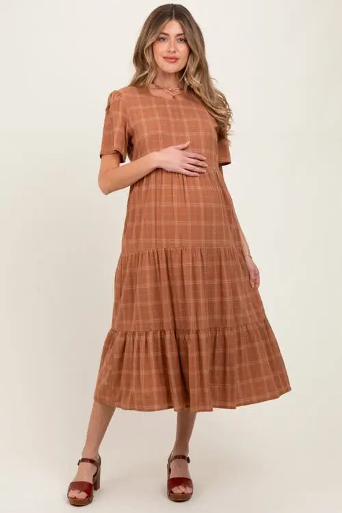 PINKBLUSH Plaid Tiered Short Sleeve Midi Dress - Rust