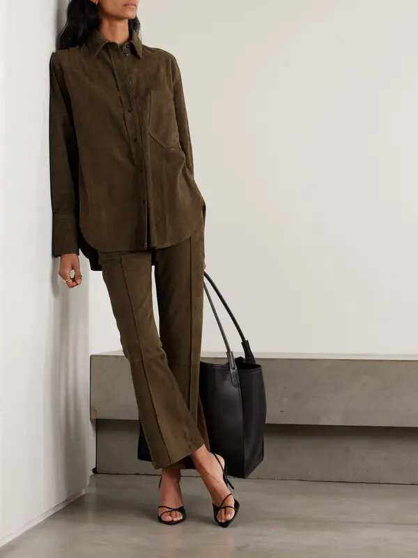 Victoria Beckham Cropped Suede Flared Pants - Green