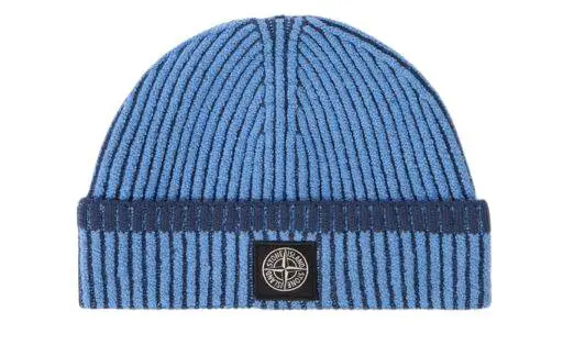 Stone Island Ribbed Knit Beanie - Blue Acciaio