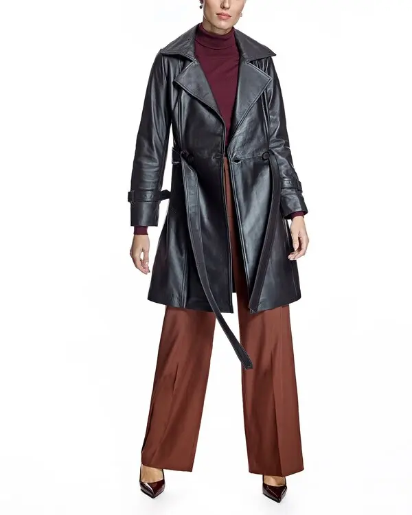 MAXIMILIAN Leather Belted Trench - Dark Brown