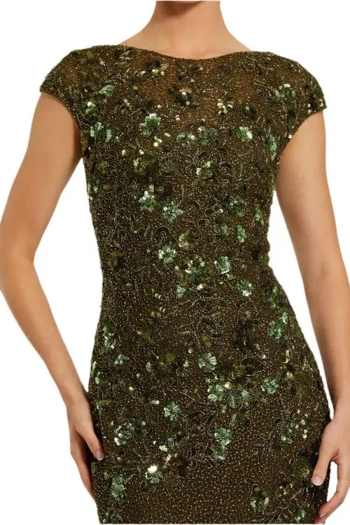Mac Duggal Floral Embellished Cap Sleeve Sheath Gown - Olive
