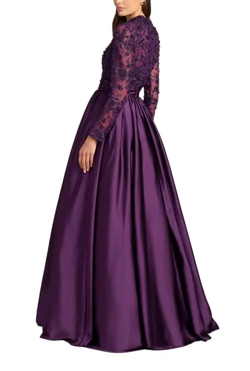 Mac Duggal Embroidered Long Sleeve Satin Ball Gown