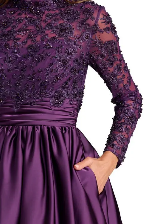 Mac Duggal Embroidered Long Sleeve Satin Ball Gown