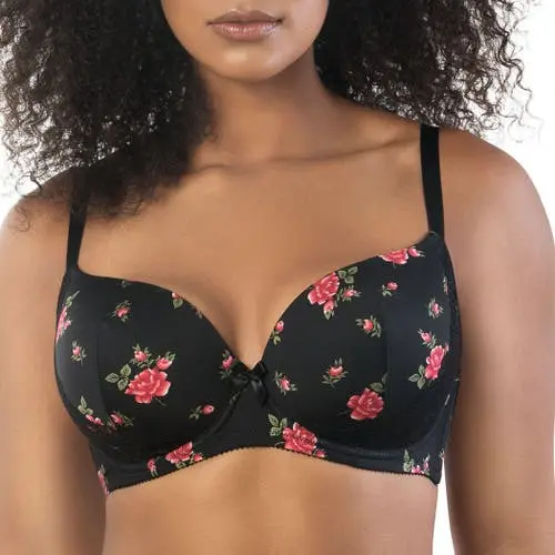 Parfait Casey Plunge Molded T-shirt Bra - Black W/rose Print