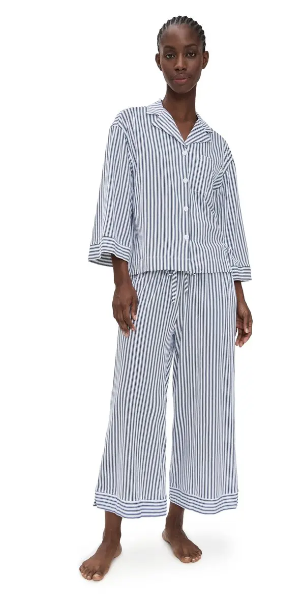 PETITE PLUME Luxe Pima French Ticking Wide Leg Pajama Set - Navy